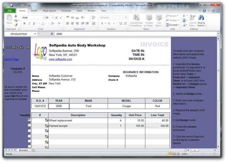 Automotive Repair Invoice Template For Quickbooks Auto Ideas Throughout 