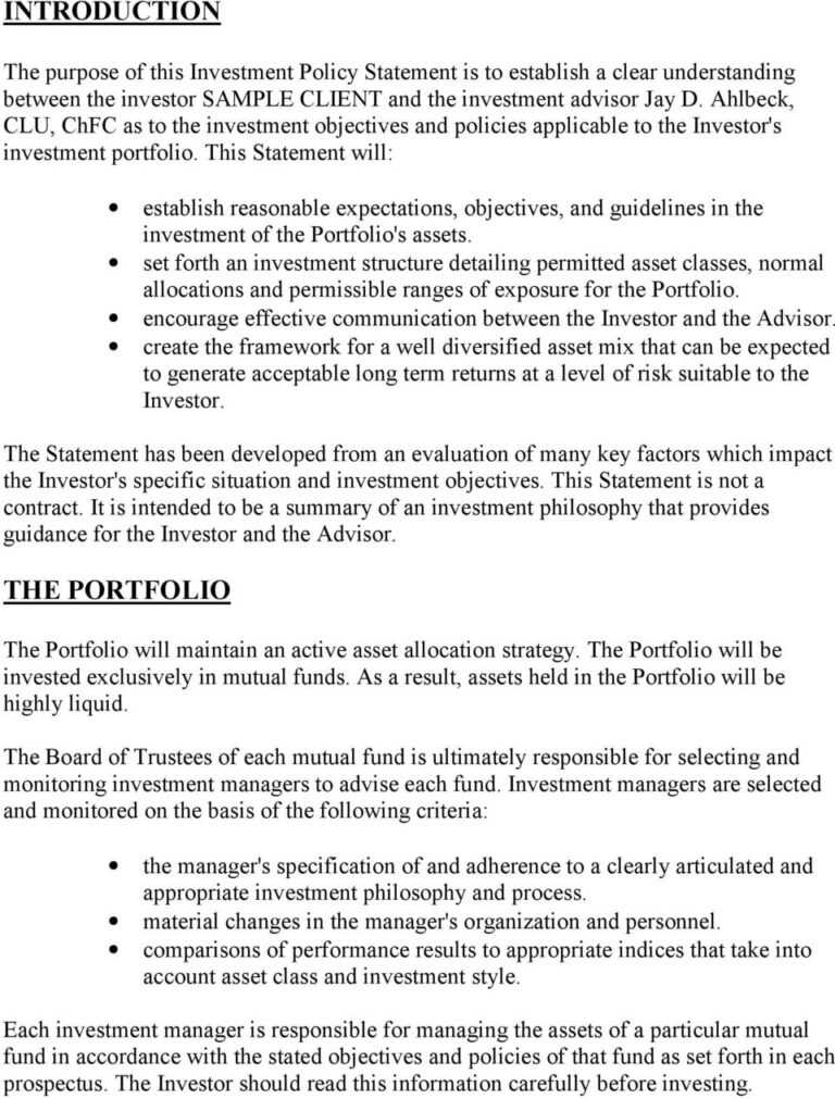 Investment Policy Statement Template Best Template Ideas